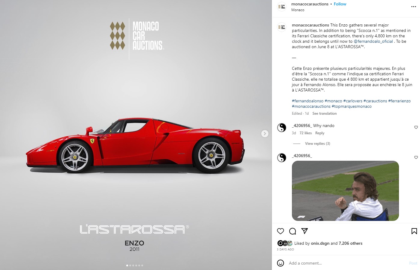 Fernando Alonso to auction his Ferrari Enzo.Fernando Alonso